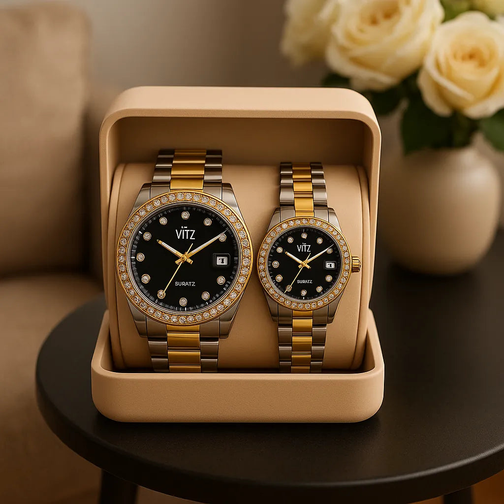 Luxury Couple Watch Set – Vitz Quartz | Gold & Silver Two-Tone with Di ...
